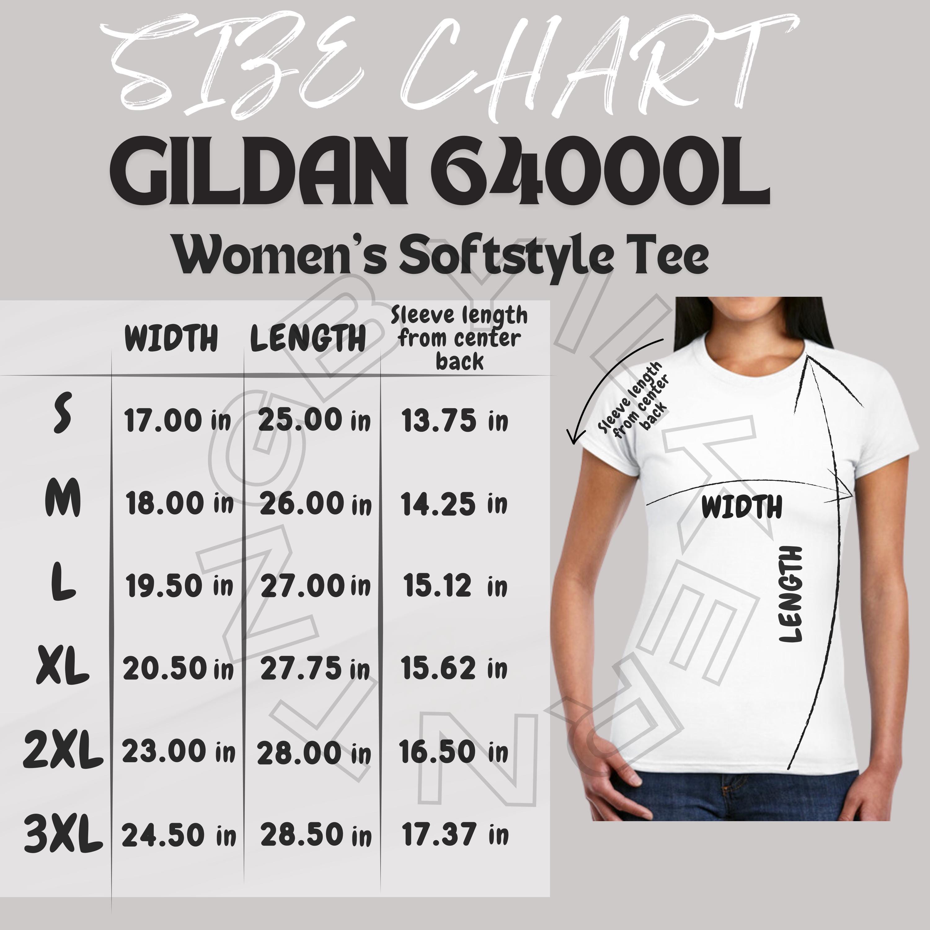Gildan 64000L Size Chart | Size Chart for Women's Softstyle Tee | Gildan 64000L Mockup and Size ...