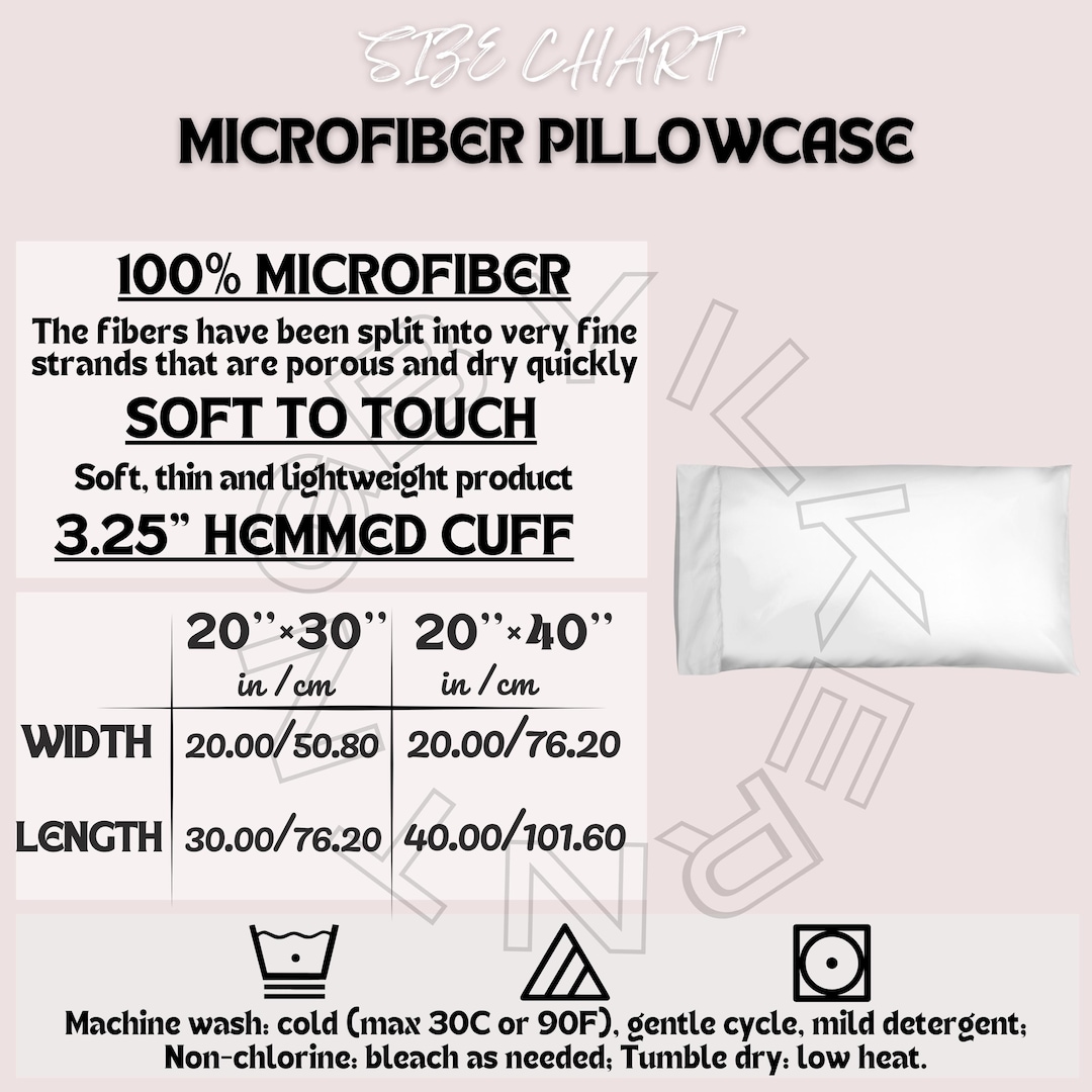 Microfiber Pillowcase Size Chart | Microfiber Pillowcase Mockup and Key ...