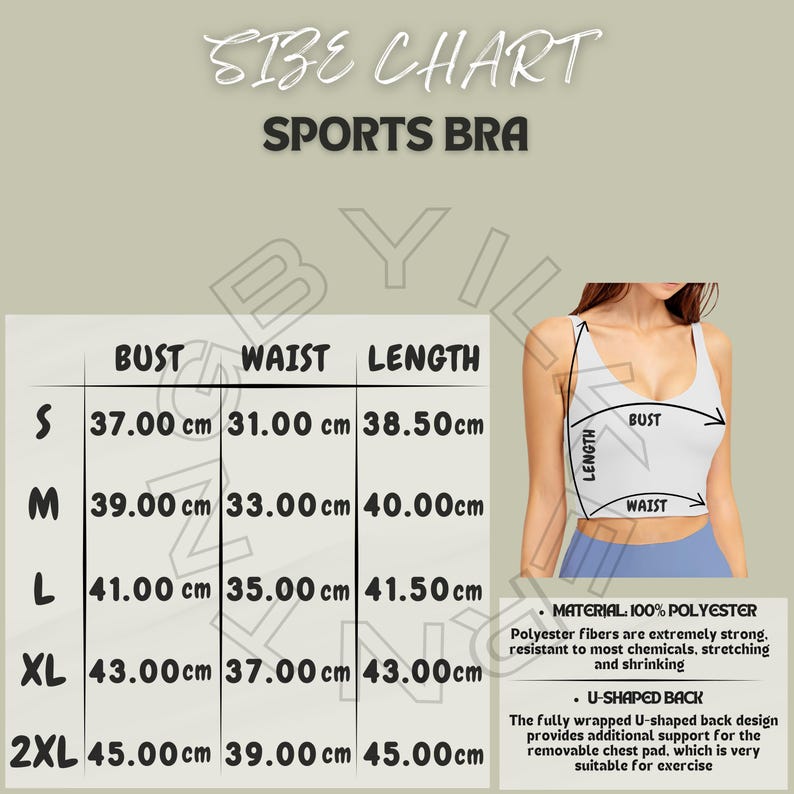 Sports Bra Size Chart I Polyester Sports Bra Mockup and Size Chart I ...