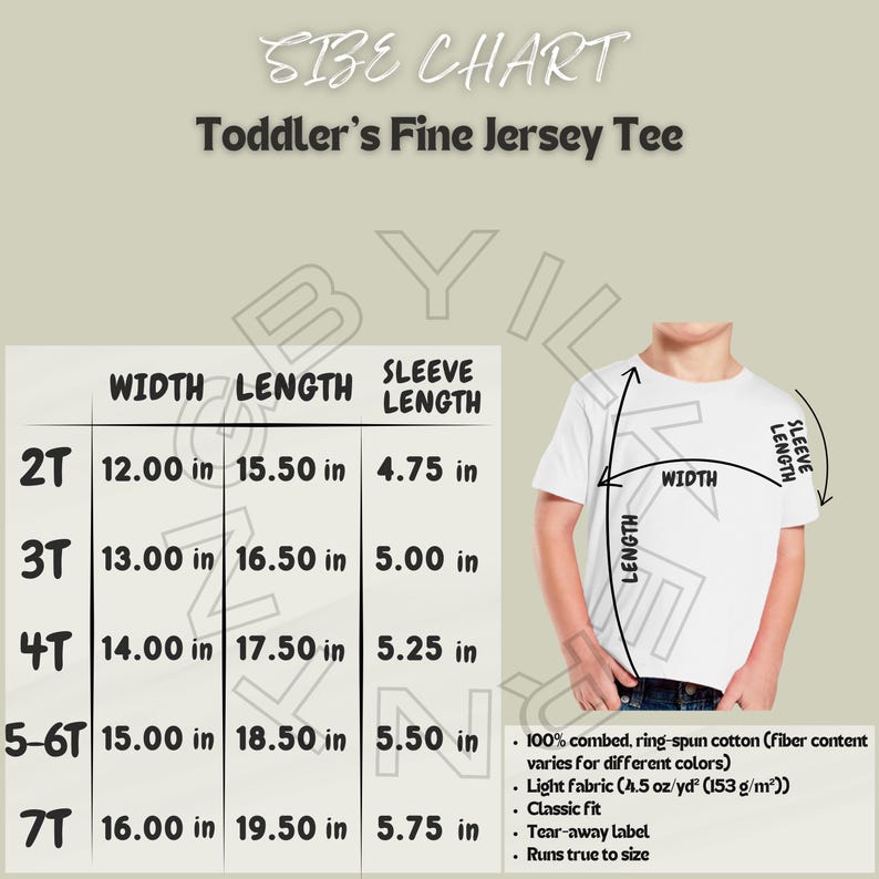Toddler's Fine Jersey Tee Size Chart - Size Chart for Toddler Fine ...