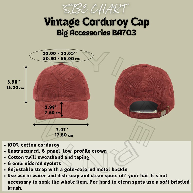 Vintage Corduroy Cap Size Chart | Big Accessories BA703 Size Chart ...