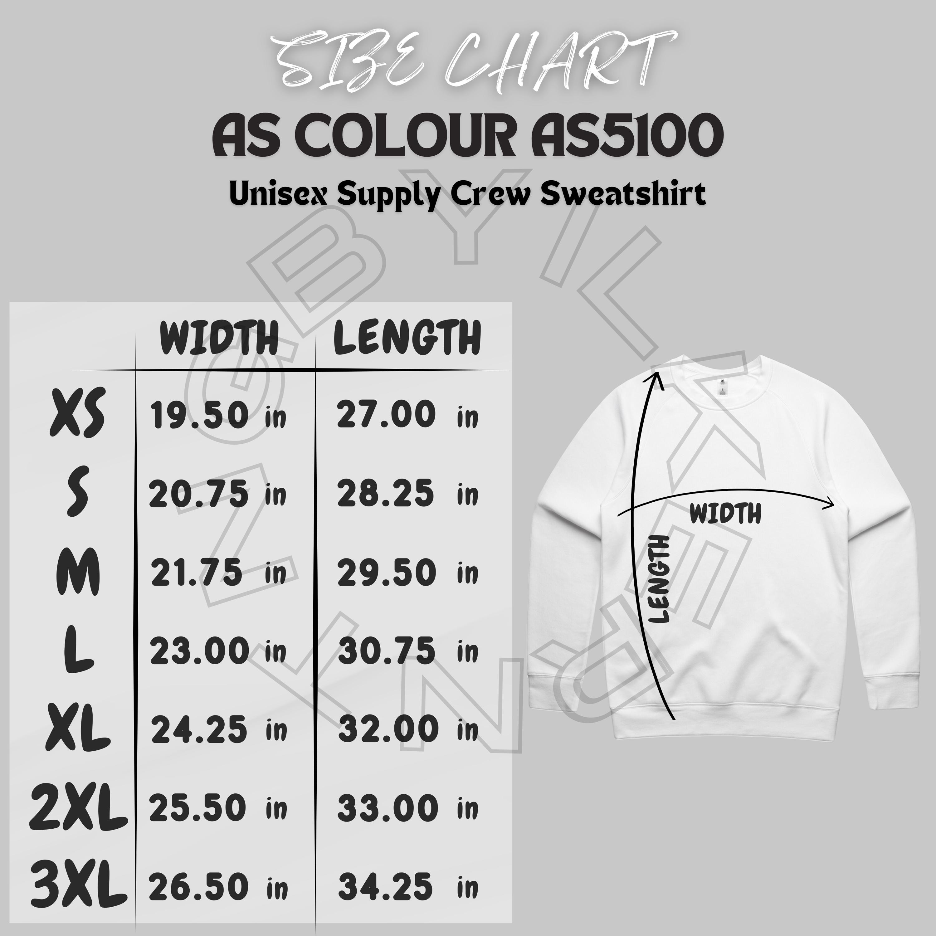 Sweatshirt Size Chart | Size Chart for Supply Crew Sweatshirt | AS ...