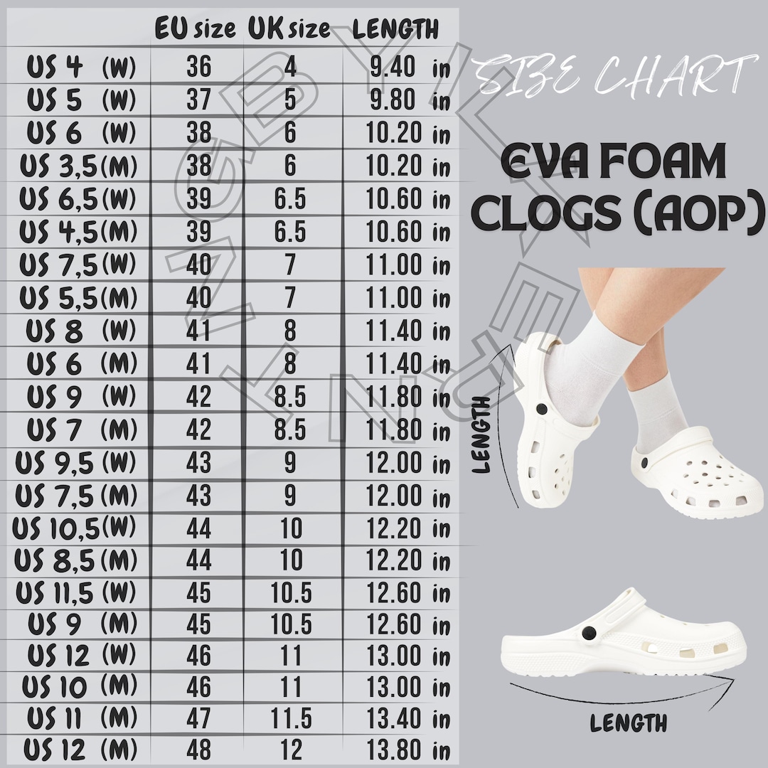 EVA Foam Clogs Size Chart I Clogs Mockup and Size Guide I EVA Foam Clogs (AOP) Size Chart I Clog ...