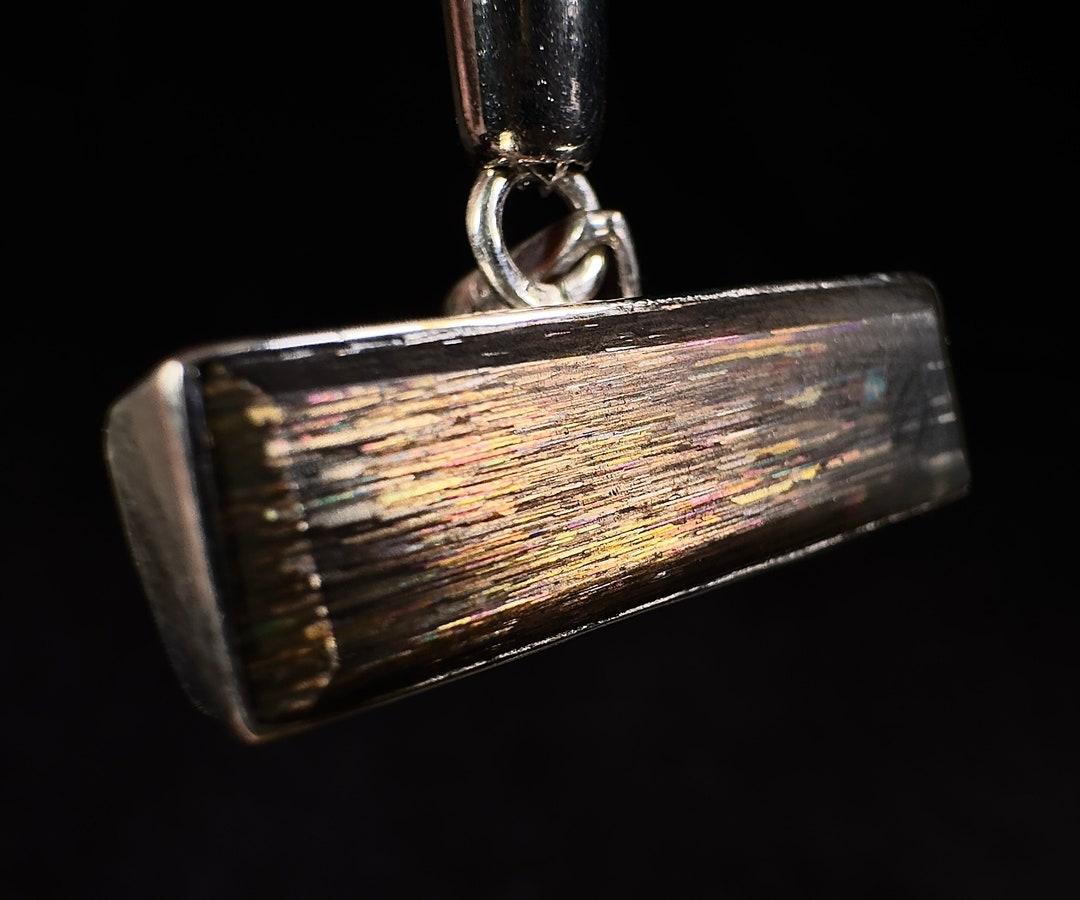 METEOR SUNSTONE Pendant - Sterling Silver, Rectangle - Genuine Rainbow ...