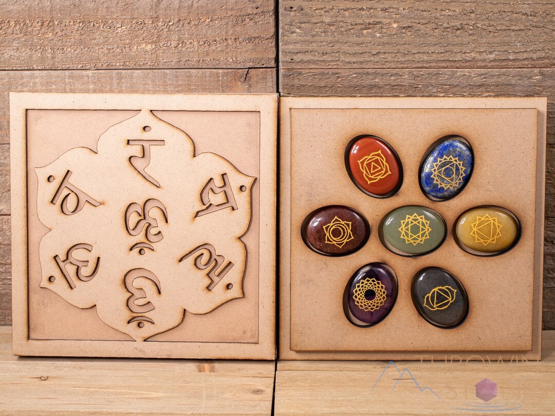 CHAKRA Crystals in Crystal Grid Board Wooden Box - Om Namaste Sanskrit ...