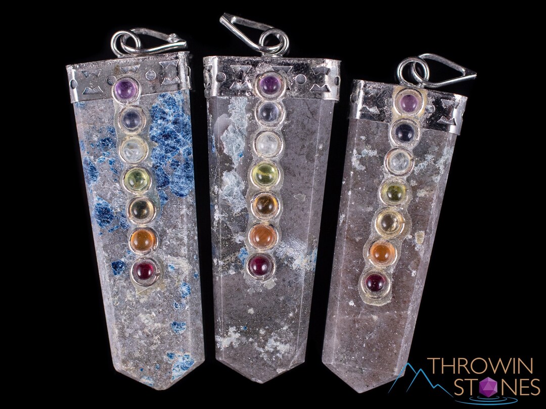 LAZULITE Pendant With 7 CHAKRA Gemstone Accents - Crystal Point, Carved ...
