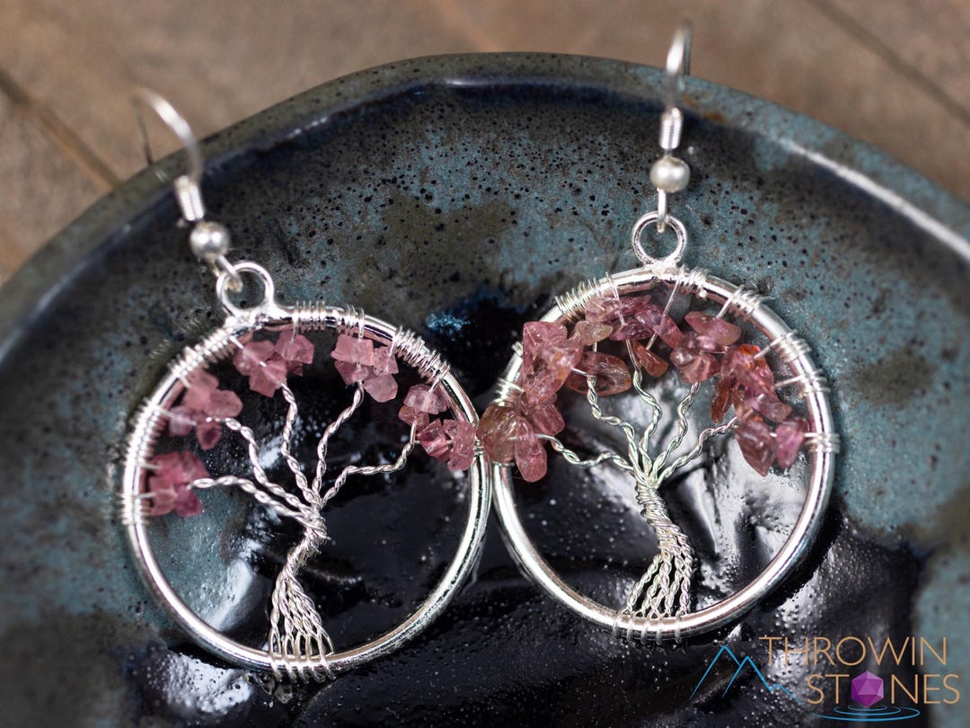 TOURMALINE Tree of Life Pink Gemstone Bead Earrings : Stylish Drop Wire ...