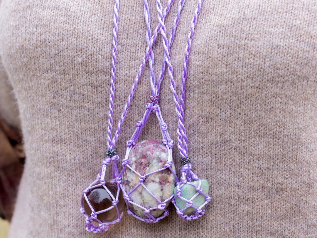 Macrame Crystal Pouch Necklace - EMPTY - Woven Cage & Cord Crystal Net ...