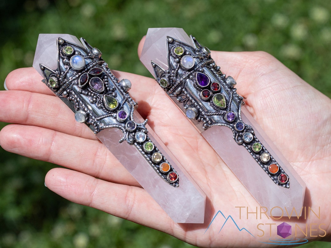ROSE QUARTZ Wand W Rainbow CHAKRA Crystals - Reiki, Chakra Stones ...