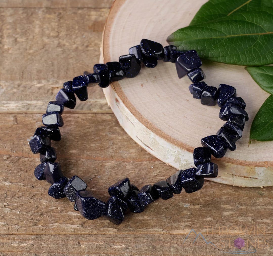 BLUE GOLDSTONE Chip Bead Bracelet : Cerulean Handmade Elastic Jewelry ...