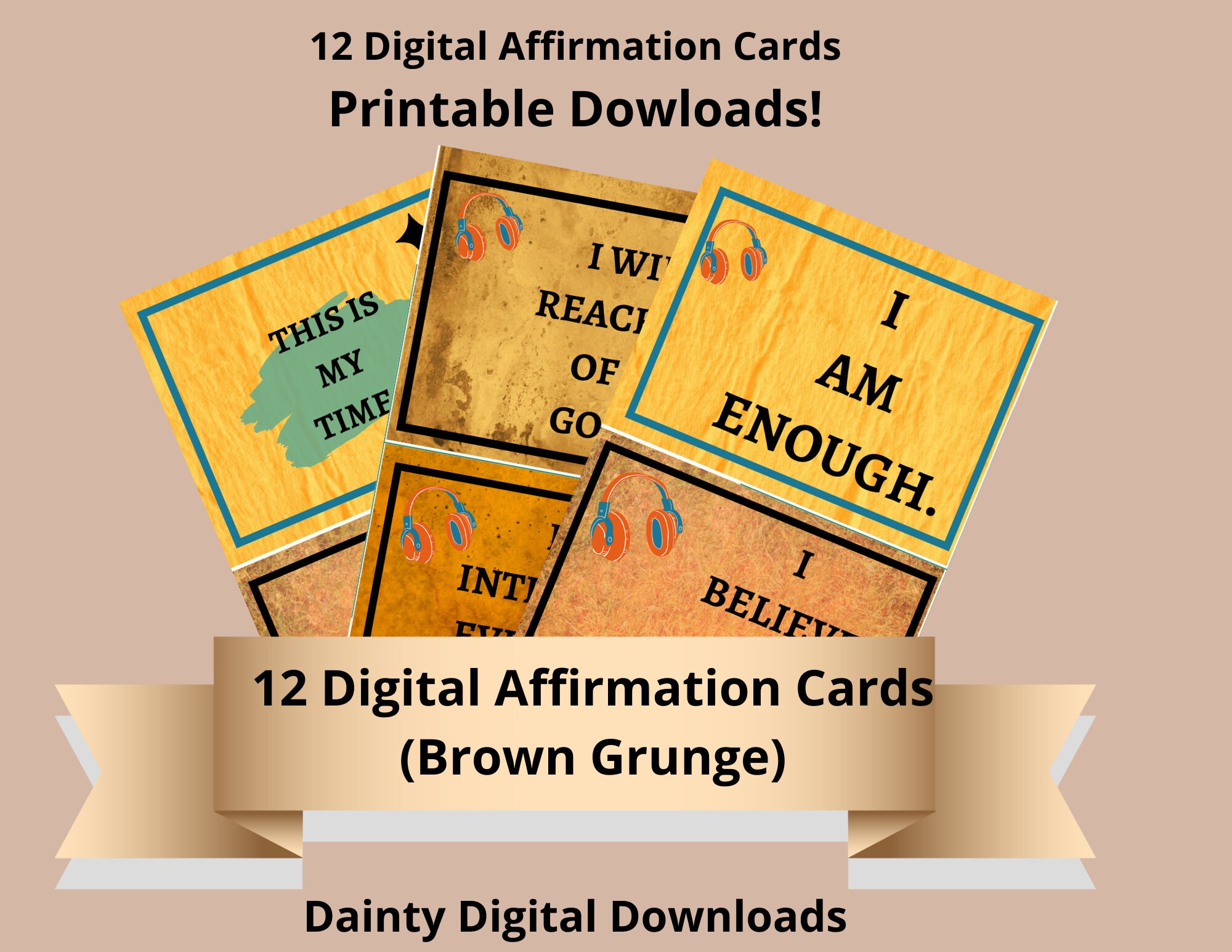 12 Brown Grunge Affirmation Cards, Positive, Positivity, Confidence ...