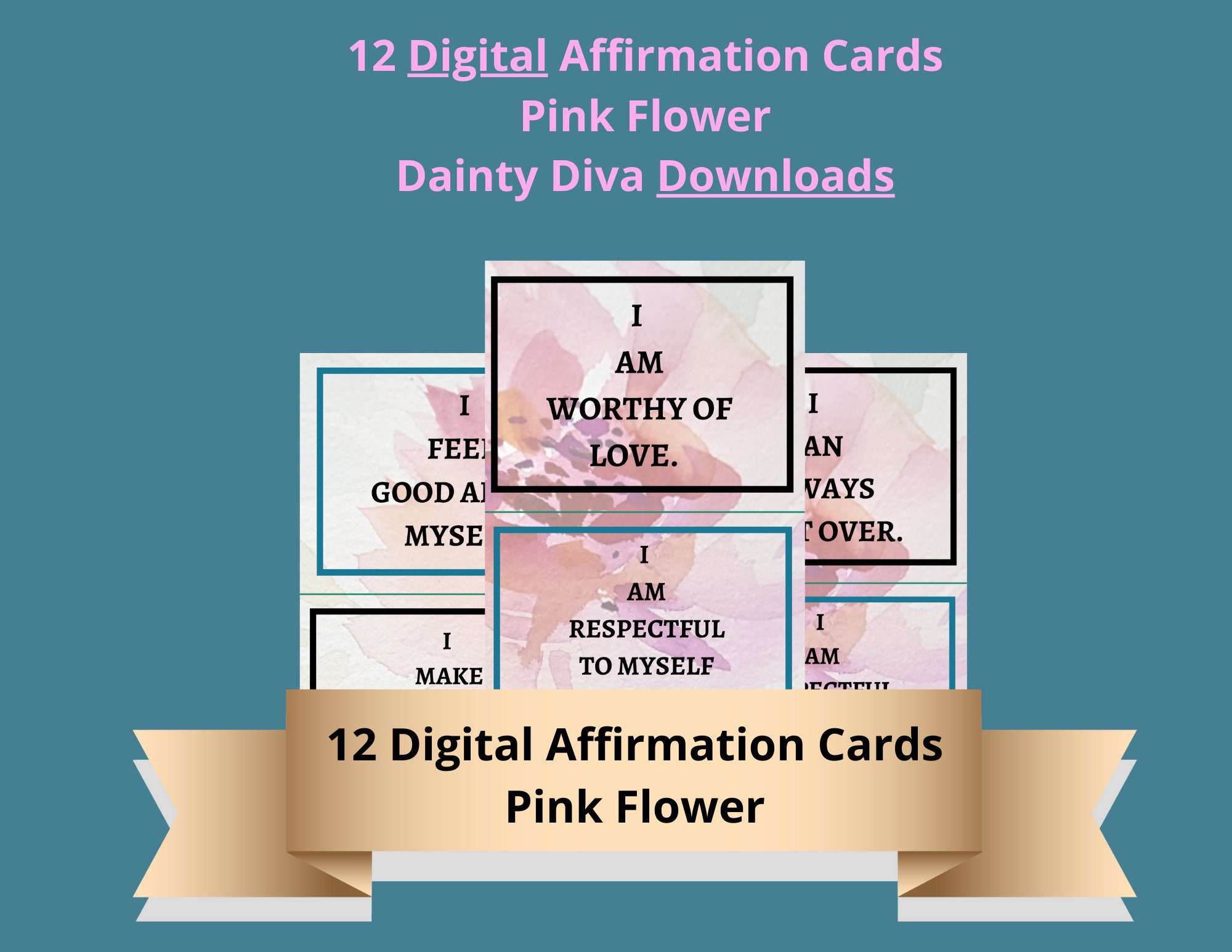 12 Pink Flowers Affirmation Cards, Positivity, Confidence, Strength ...