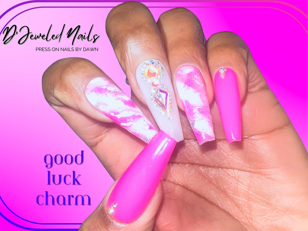 Good Luck Charm | Pink Nails | Marbles Nails | Rhinestone Nails ...