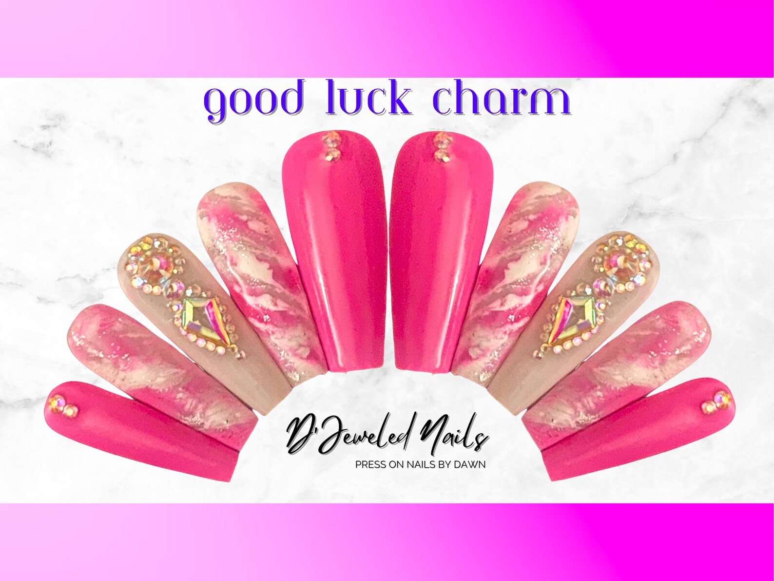 Good Luck Charm | Pink Nails | Marbles Nails | Rhinestone Nails ...