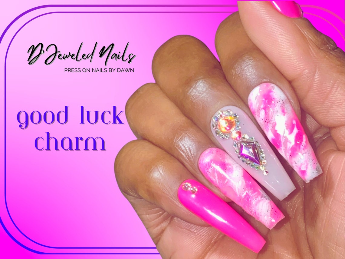 Good Luck Charm | Pink Nails | Marbles Nails | Rhinestone Nails ...