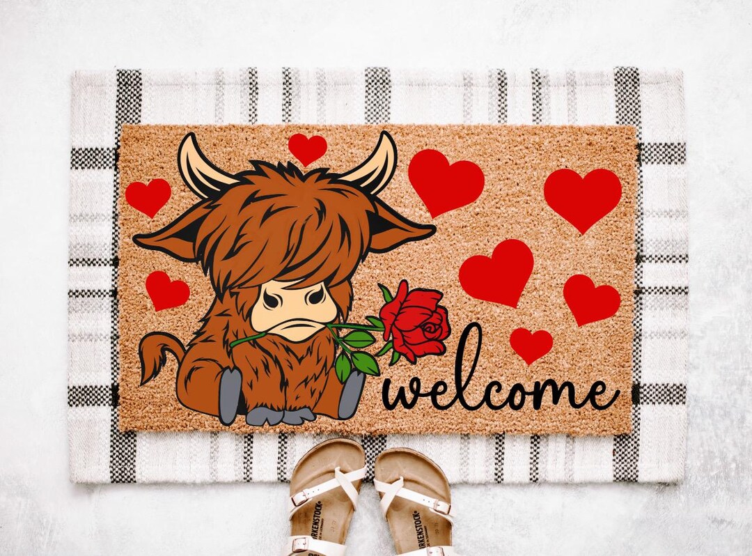Valentine’s Day Highland Cow Doormat | Cute Doormat | Valentine’s Day ...