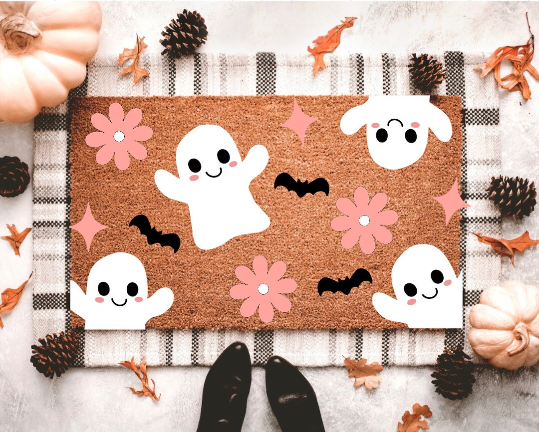 Ghost Halloween Doormat | Halloween Porch Decor | Pink Floral Doormat ...