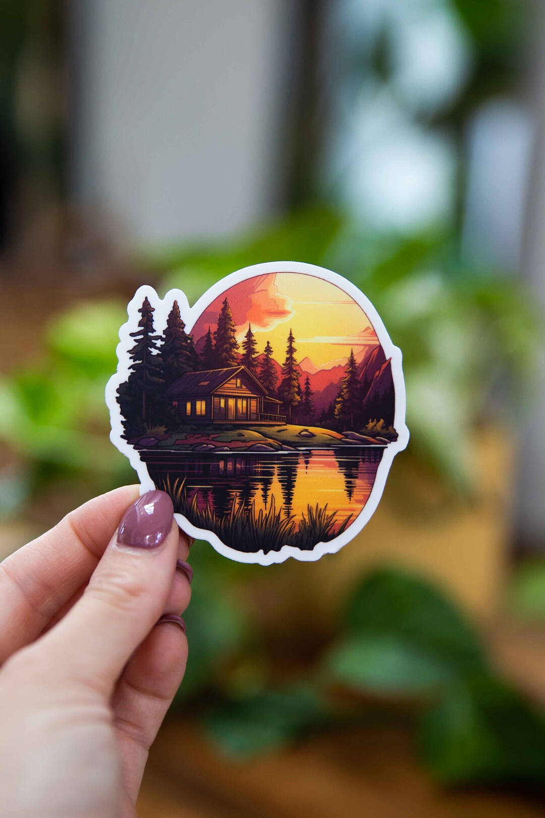 Peaceful Lakeside Cabin Scenery Sticker - 3x3 Inch - Waterproof Vinyl ...