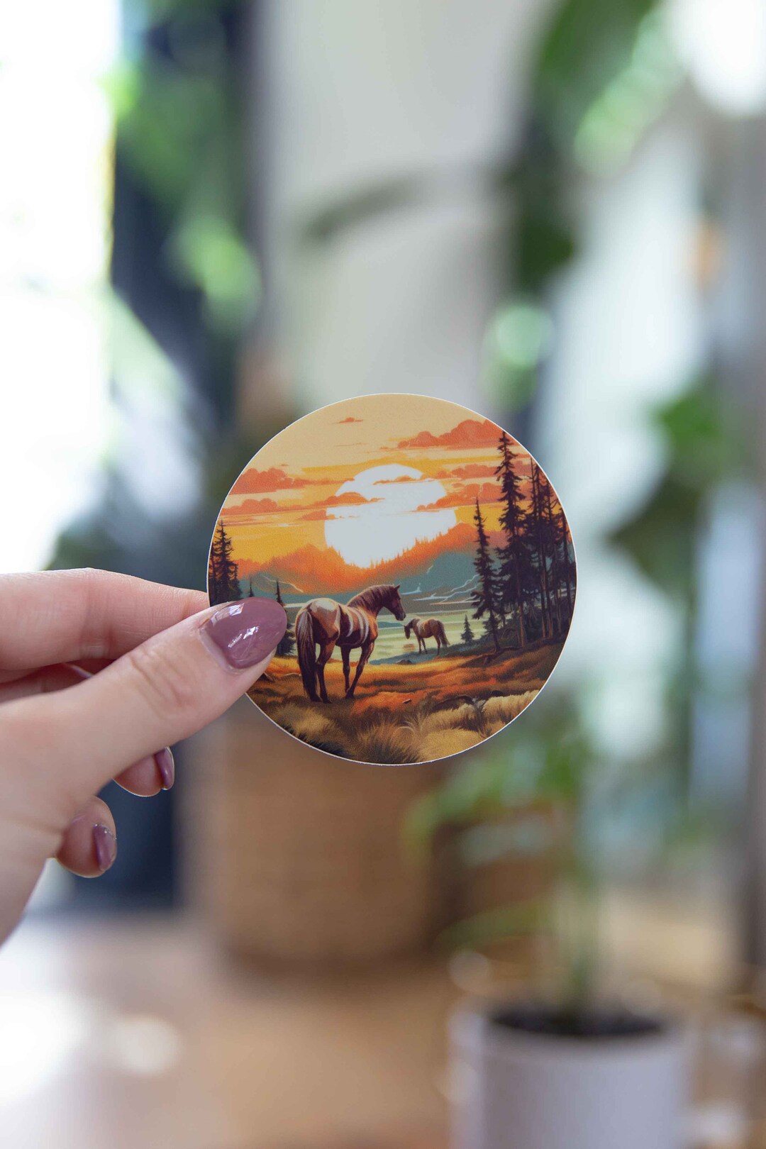 Meadow With Grazing Horses Sticker - 3x3 Inch - Waterproof Vinyl Decal ...