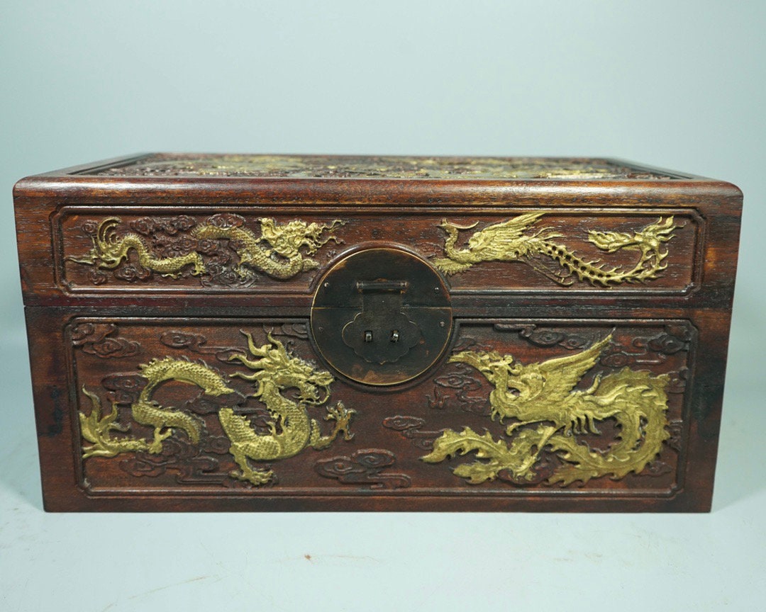 Ancient Chinese Rosewood, Hand-painted Box With Dragon and Phoenix ...