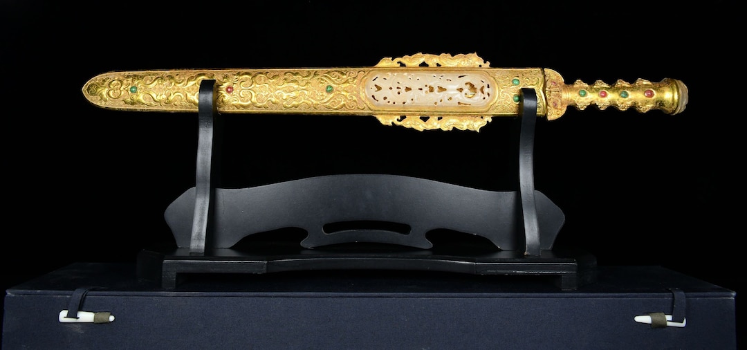 Chinese Antique Handmade Large Exquisite Rare Bronze Gilt Inlaid Jade ...