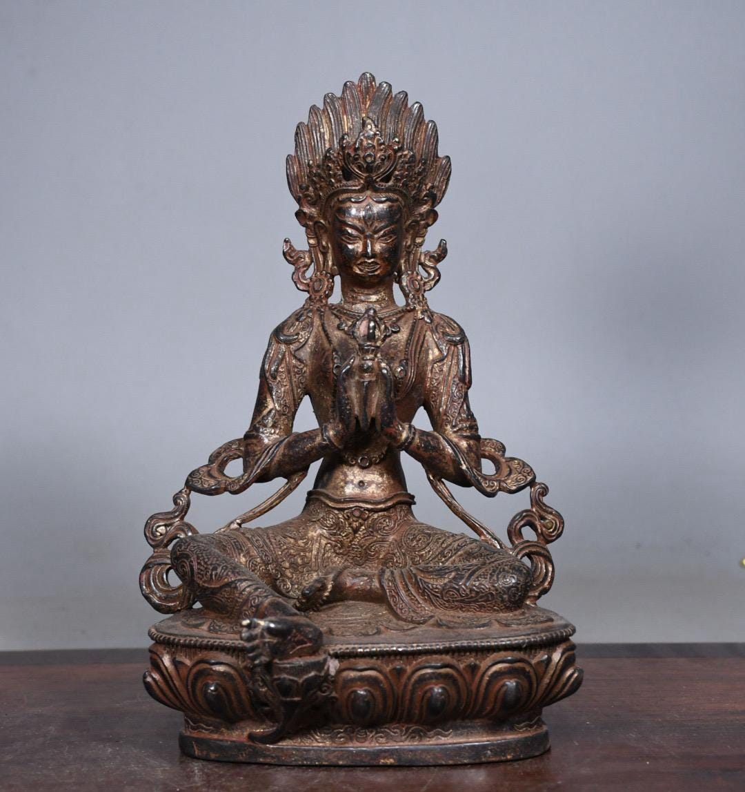 Chinese Antique Pure Hand-made Exquisite Rare Pure Copper Cinnabar Tara ...