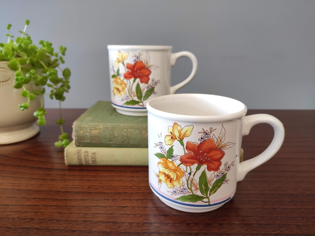 Vintage Ceramic Mug With Flowers, Set of 2 // Vintage Drinkware // 80s ...