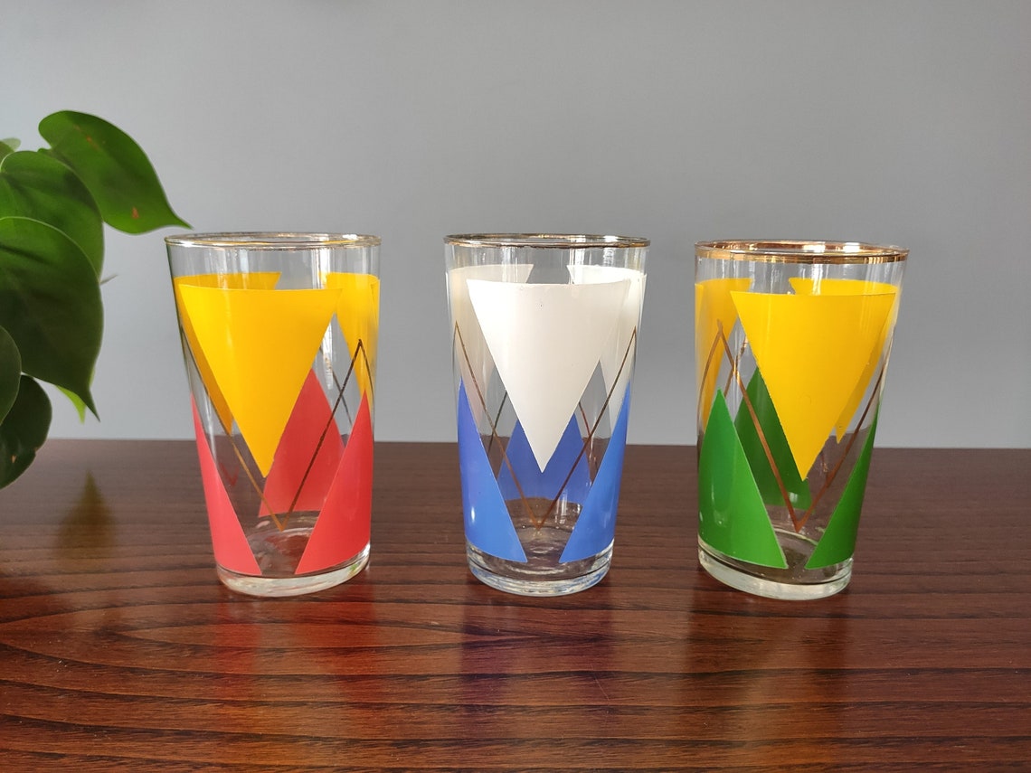 Vintage Mid Century Drinking Glasses With Colorful Triangles Etsy