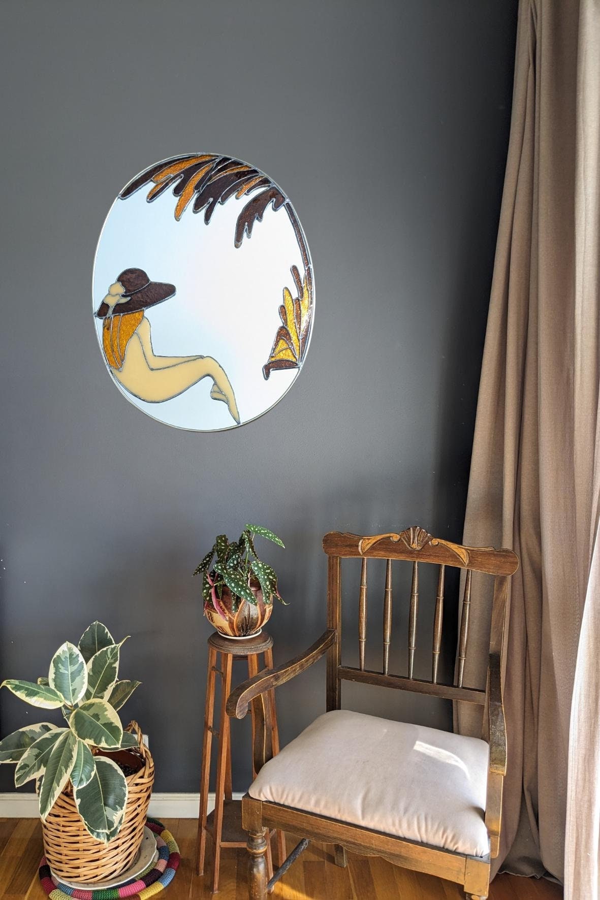 Sunbathing Lady Stained Glass Oval Mirror // Vintage Art Nouveau Mirror ...