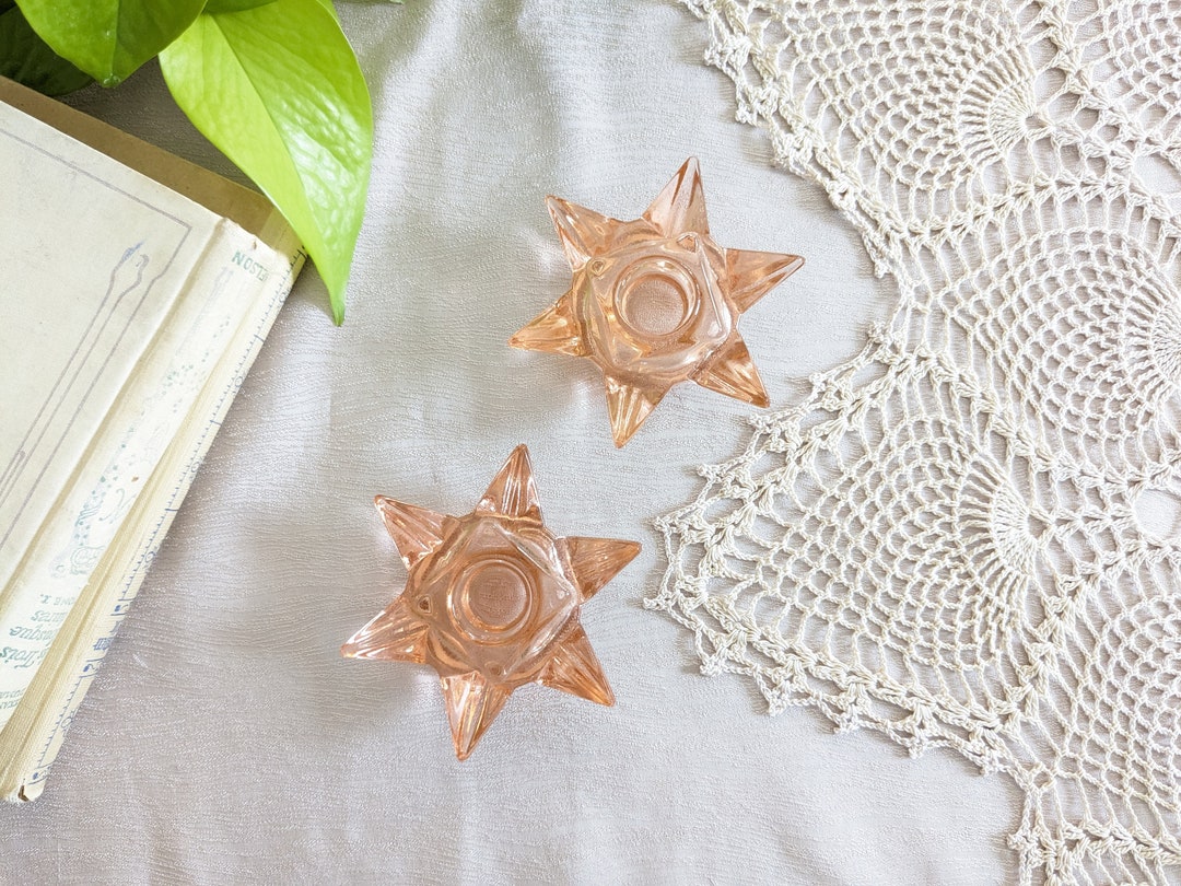 Pink Cut Glass Star Candle Holders / Pink Glass Candlestick Bases ...
