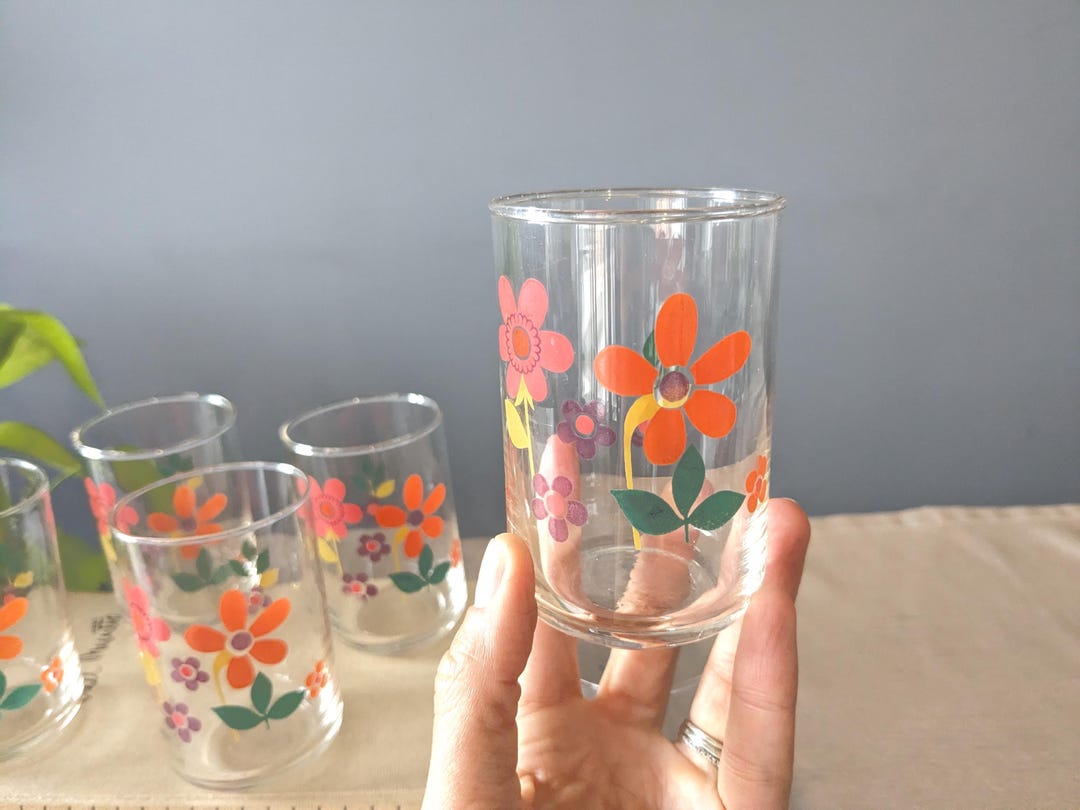 6 Small Juice Glasses With Flowers / Breakfast Glasses Orange Purple ...