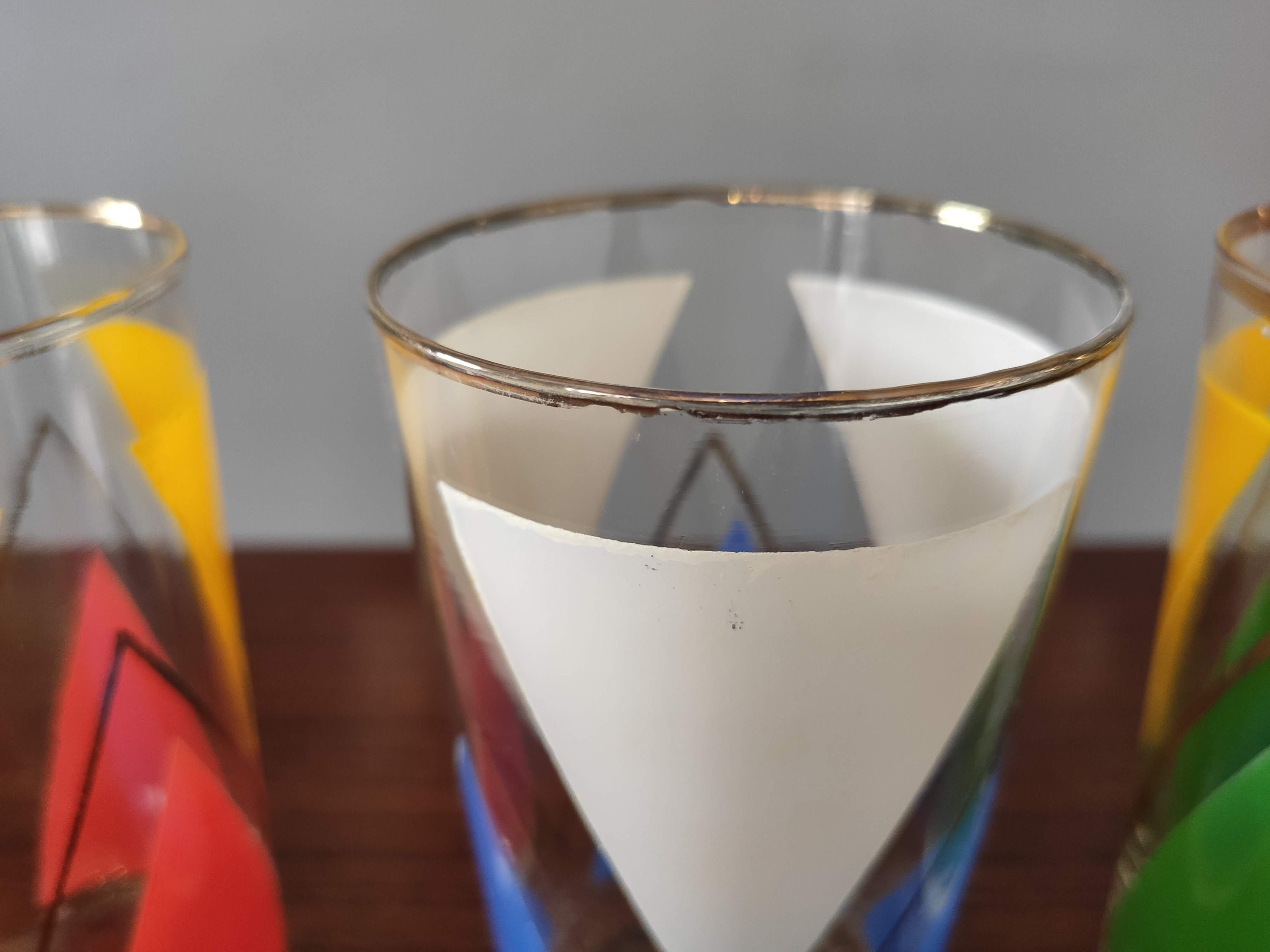 Vintage Mid Century Drinking Glasses With Colorful Triangles Etsy