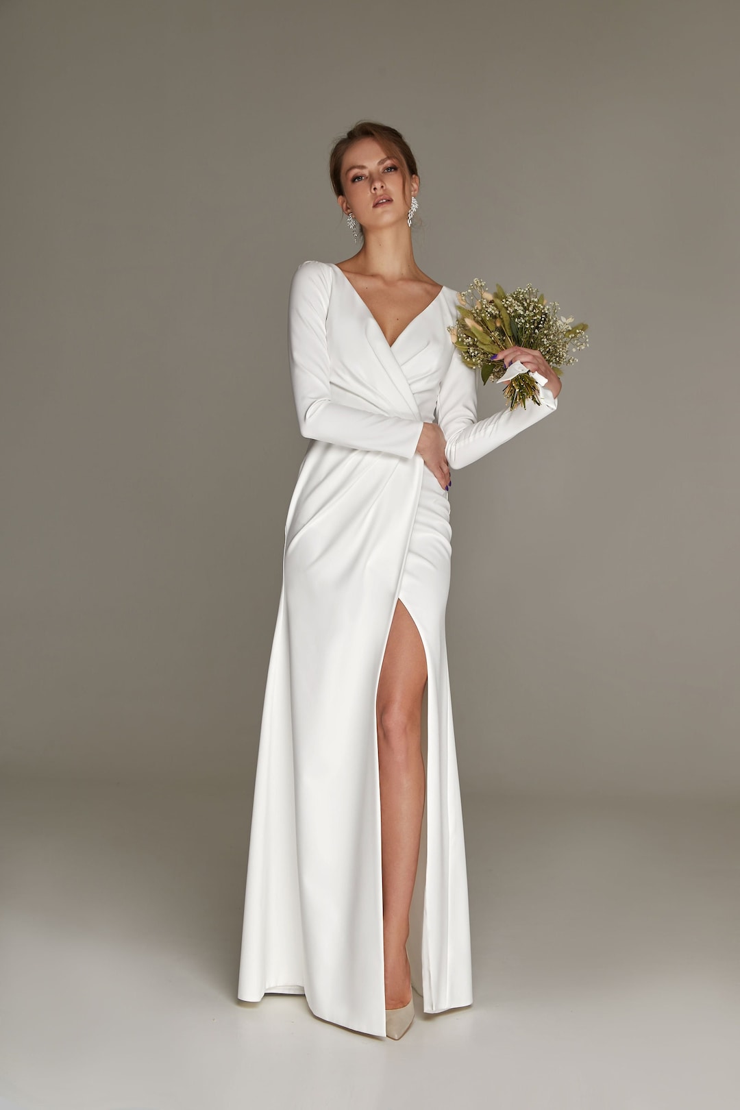 Long Sleeve Reception Wedding Dress,civil Wedding Dress With Slit ...