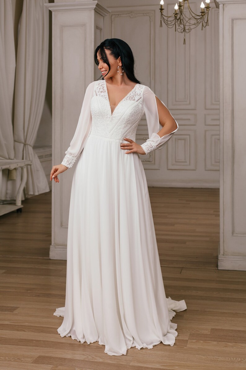 Plus Size Wedding Dress Long Sleeve Wedding Dress Chiffon - Etsy