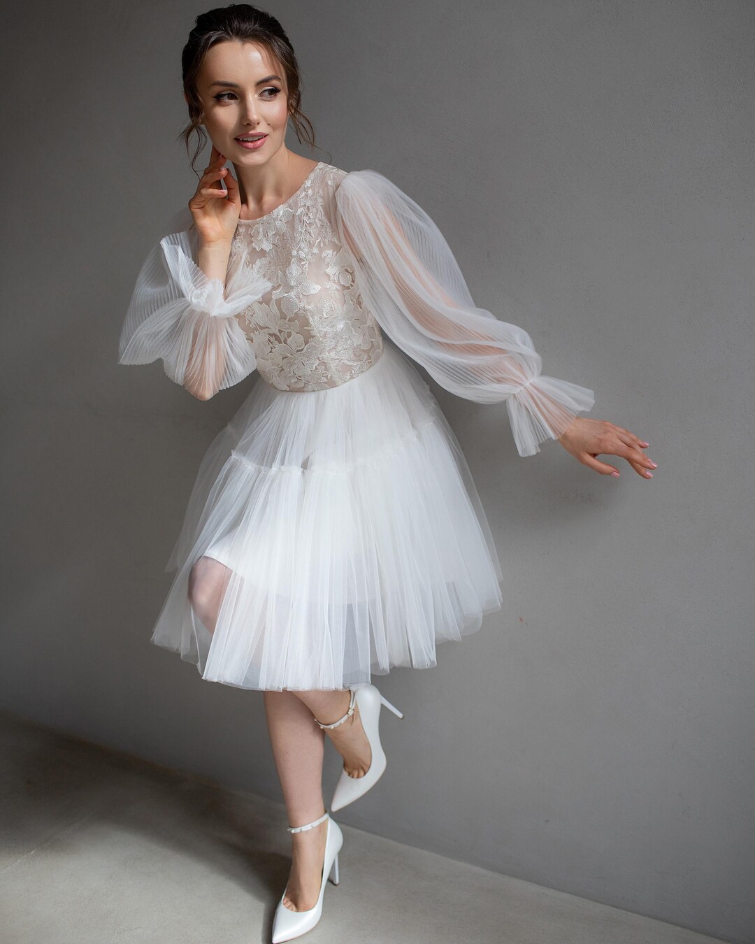 Modest Short Wedding Dress Long Sleeve, Floral Lace Sequin Bridal Gown ...