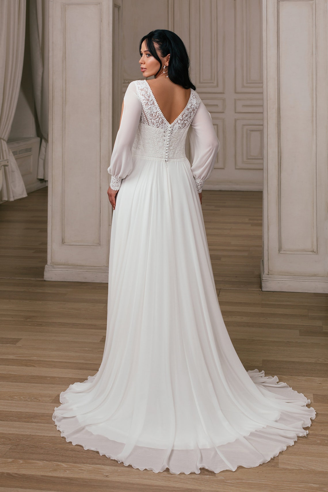 Plus Size Wedding Dress Long Sleeve Wedding Dress Chiffon | Etsy