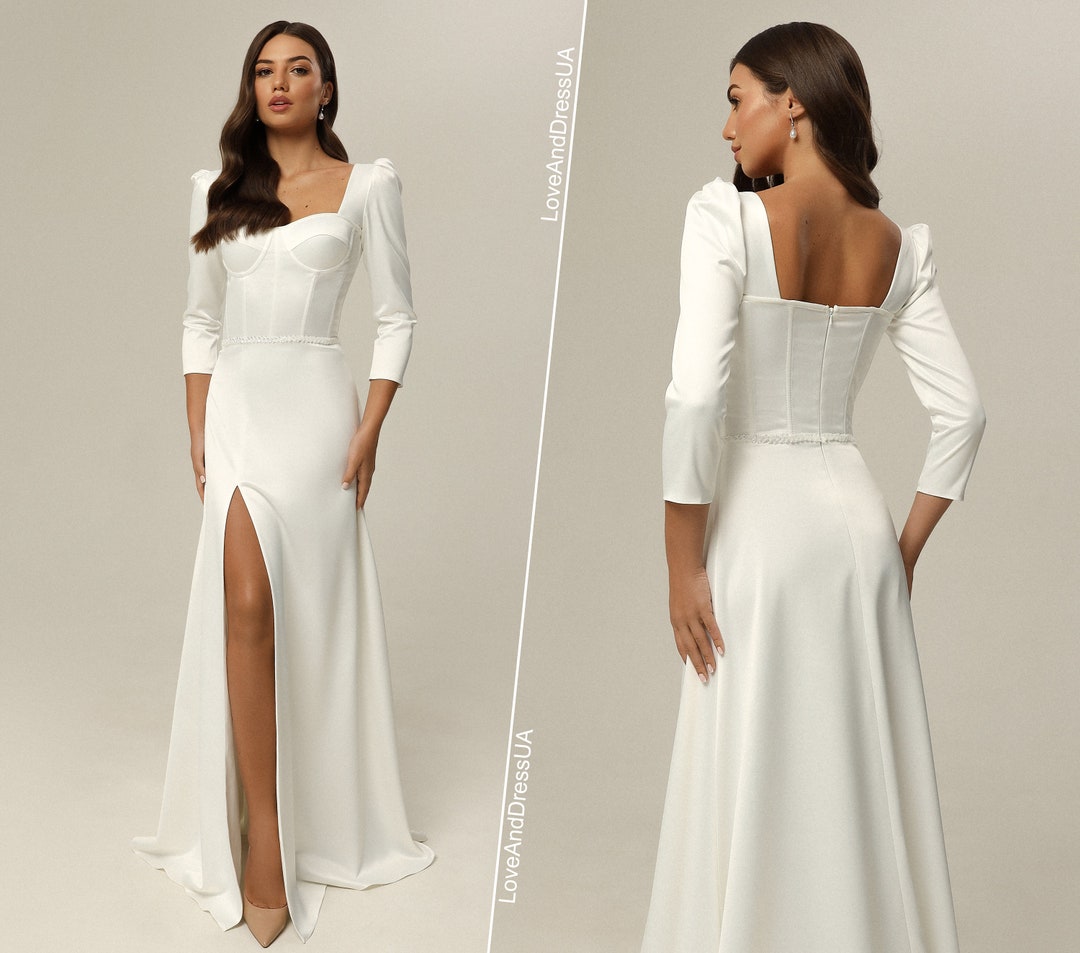 Long Sleeve Modest Simple Wedding Dress,minimalist Satin Bridal Dress ...