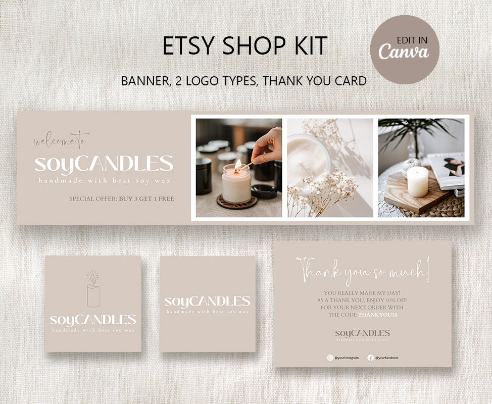 Etsy Shop Kit, Editable Banner, Logo, Thank You Card (canva Template ...