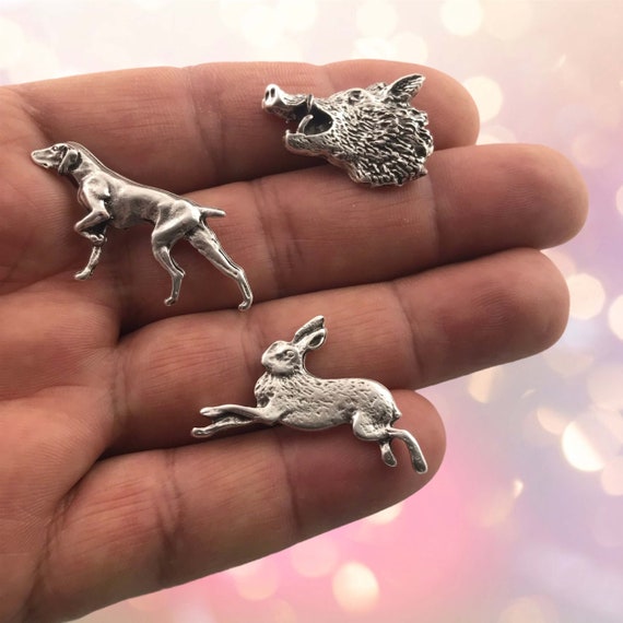 Hunters Lapel Brooch Pin Badge Hare Boar Dog Silver Antique | Etsy