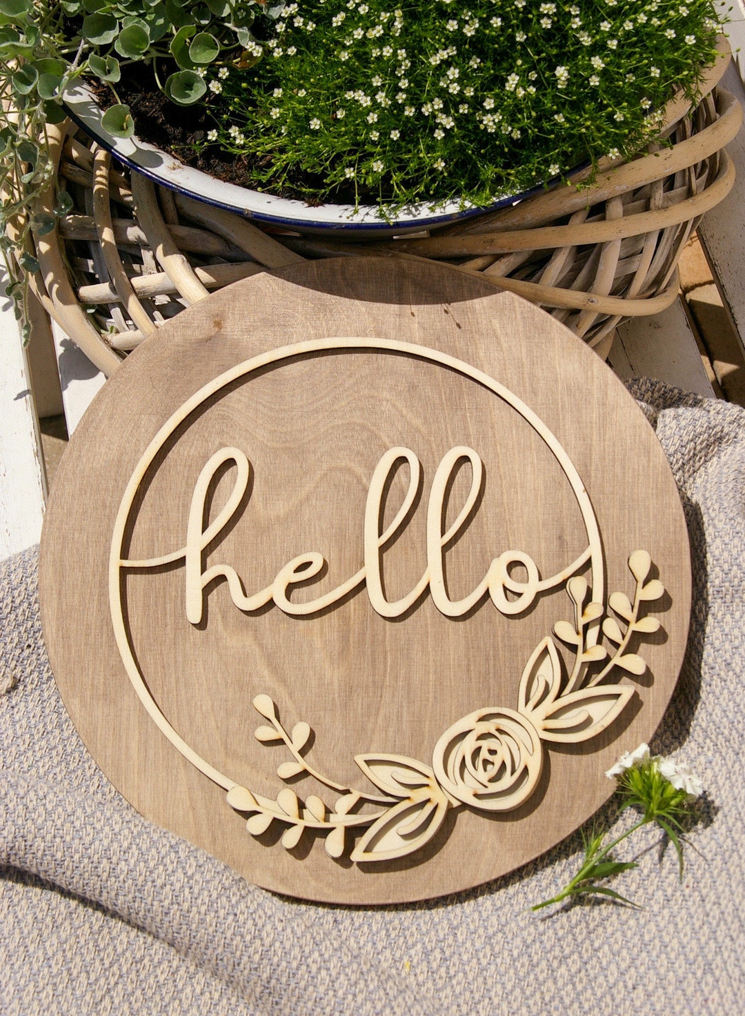Wooden Sign in 3D ''hello'', Welcome Sign, Door Sign, Door Wreath ...