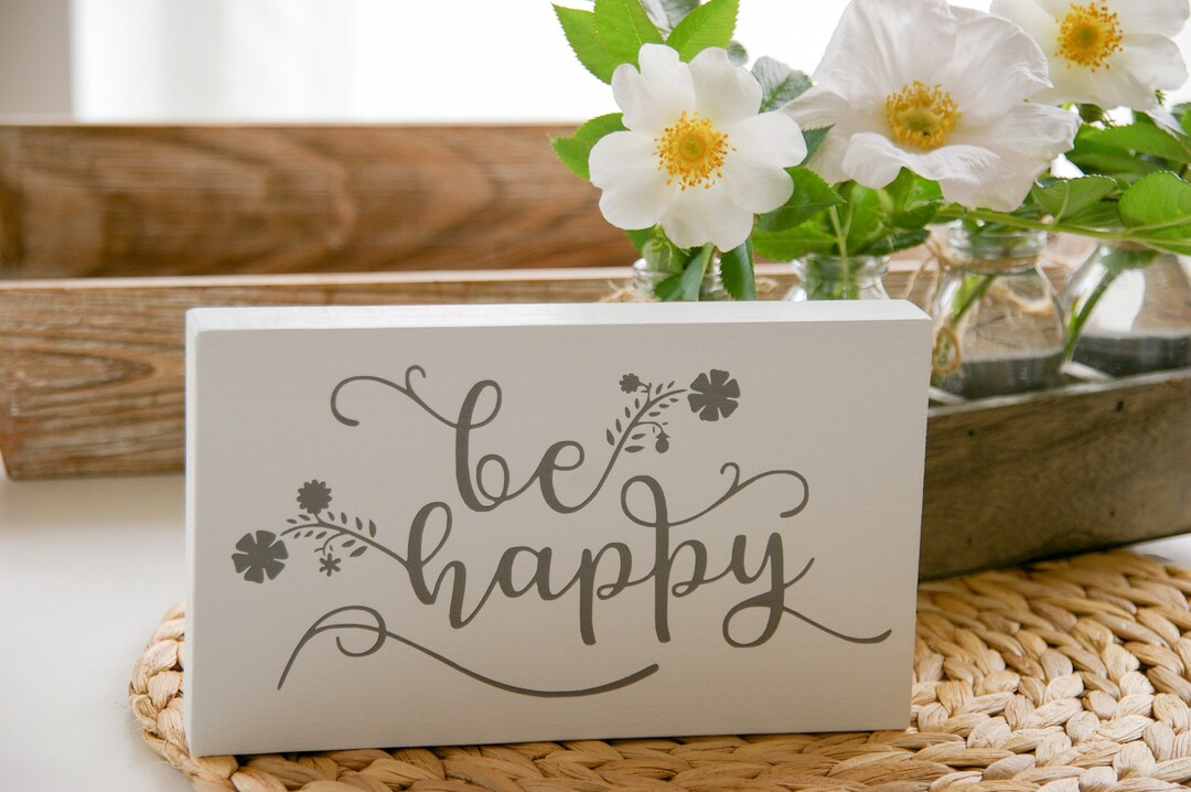 Holzschild ''Be Happy'', Holzaufsteller, Holzdeko, Schild mit Motiv ...