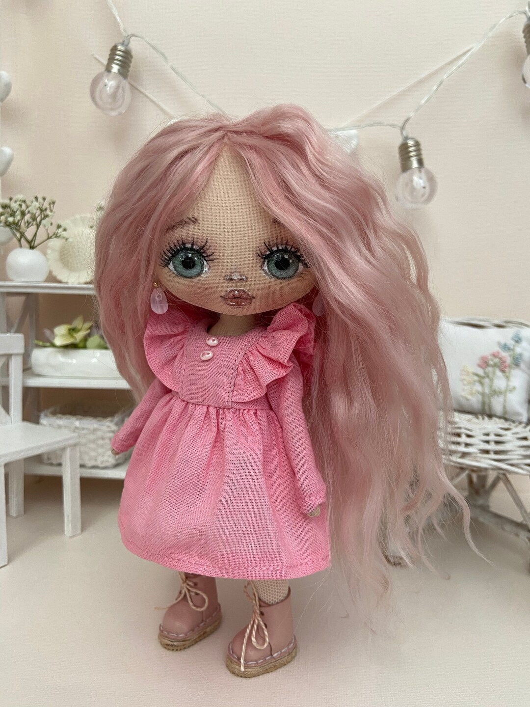 Rag Doll Pink Hair. Doll Blue Eyes. Art Doll Handmade. - Etsy
