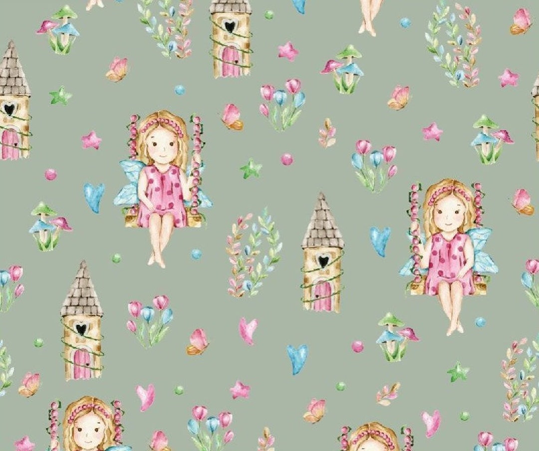 Baumwolljersey Druck Schmetterlings Elfe mit Elfenhaus, auf alt grünem ...