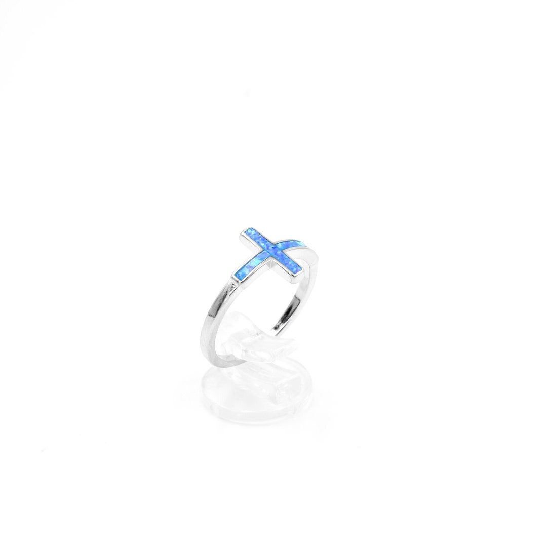 Silver Cross Ring, Opal Cross Ring, Greek Jewelry, Blue Opal Cross Ring ...