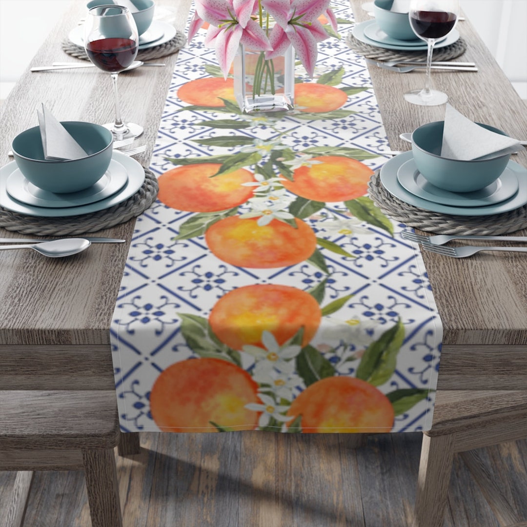 Italian Decor, Italian Blue Scroll and Oranges Table Runner cotton ...