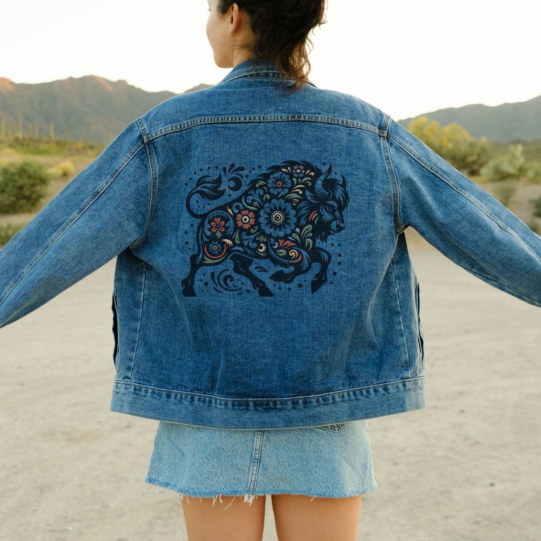 Buffalo Folk Art, Floral Wycinanki Oversized Unisex Denim Jacket for ...