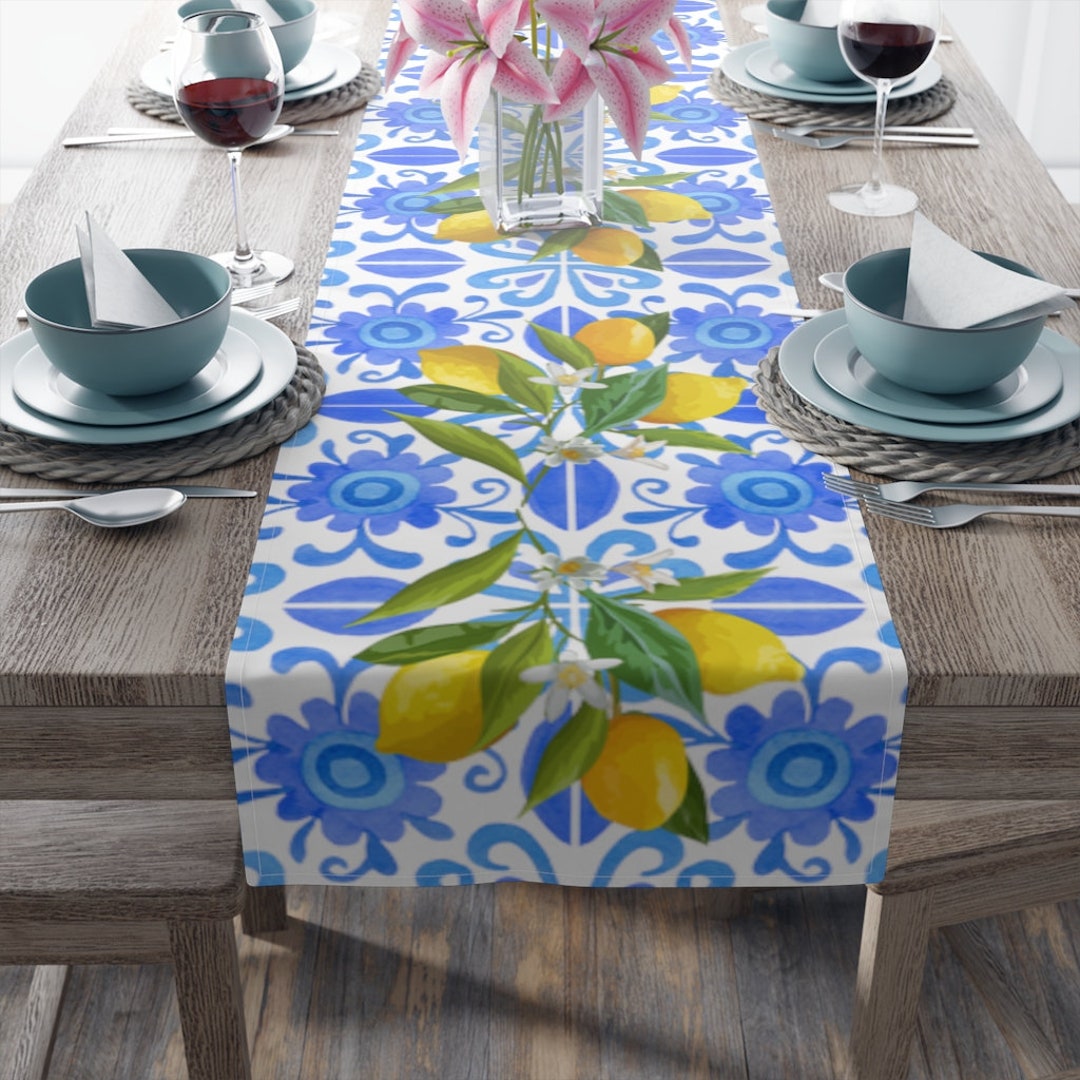 Lemon Table Runner: Blue Tile, Positano Style, Sicily Theme (cotton ...