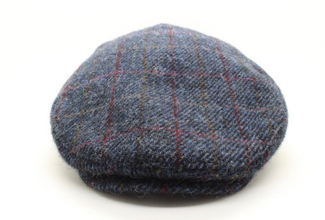 Harris Tweed Hand Woven Peaked Flat Cap. Blue and Navy Tones With Red ...