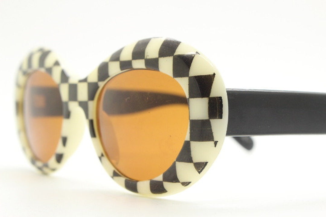 80s Vintage Round Check Monochrome Sunglasses. 60s Op Art Mod Style ...