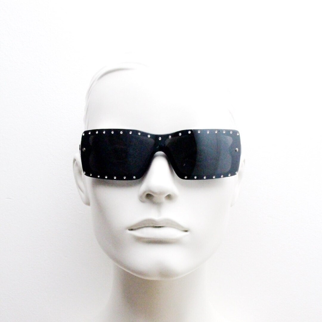 Y2K Vintage Shield Sunglasses With Diamante. Black Wrap Around Mini ...